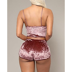 Springcmy Women's Velvet 2PCS Outfits Spaghetti Strap Crop Top and Shorts Pajama Sets (Pink,S)
