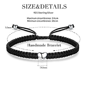 ZENI Heart Bracelet for Women girl, Black Rope Bracelet 925 Silver Handmade Braid Adjustable Bracelet Love Friendship Christmas Bracelet Gifts for Women Girls