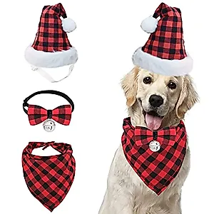 Rypet Christmas Dog Bandana Hat Bow tie Set Classic Plaid Christmas Hat with Scarf Dog Christmas Costume Accessories for Small Medium Large Dogs Cats