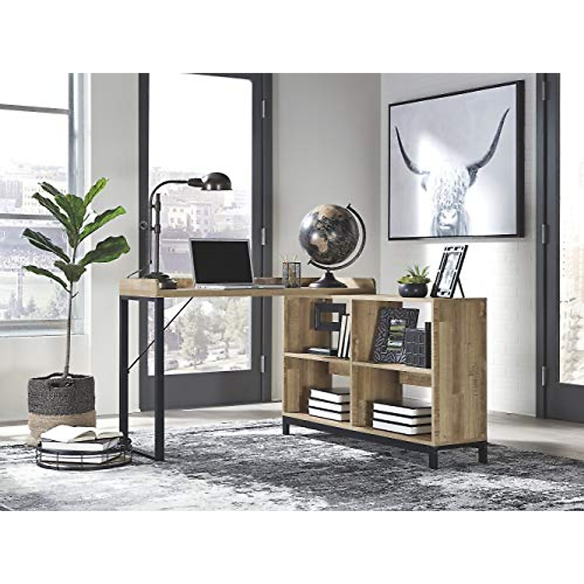 Signature Design by Ashley Gerdanet Modern Farmhouse Home Office L-Shaped Desk with Side Storage, Beige