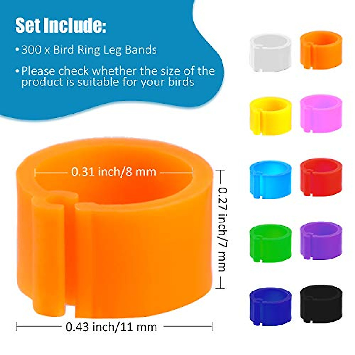 Weewooday 300 Pieces 8 mm Pigeon Leg Bands Ring Bird Quail Chicken Plastic Multi Color Foot Bands Clip on Leg Rings for Chicks Bantam Finch Dove Lovebird Small Poultry