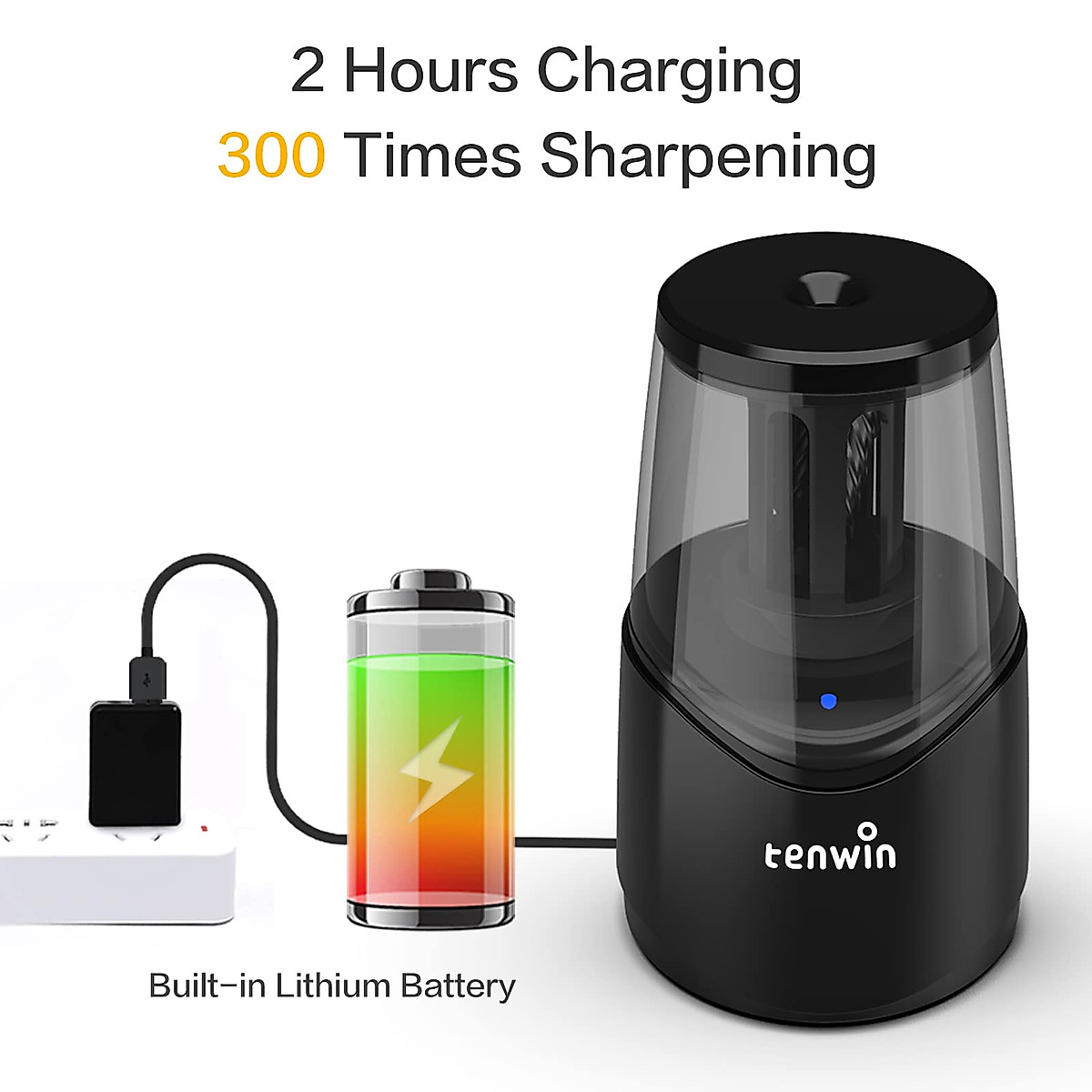 tenwin Rechargeable Electric Pencil Sharpener with Durable Helical Blade to Fast Sharpen, Heavy Duty Pencil Sharpener for No.2 & Colored 6-8mm Pencils for School Office Home (Black)