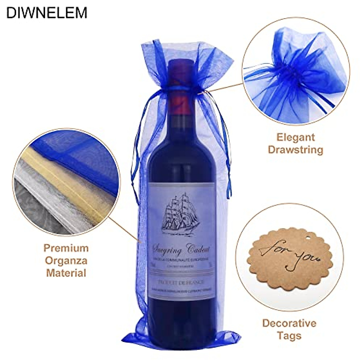 DIWNELEM 30 Pack Organza Wine Bottle Bags Organza Wine Gift Bags with Drawstring Wine Wrapping Bags for Birthday,Wedding,Baby Shower,Party Favors,Festivals,Decorations (Blue)
