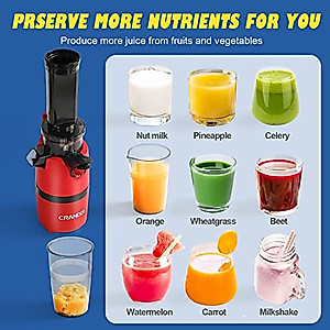CRANDDI Super Mini Juicer Machines, 110v, 100w Slow Masticating Juicer Easy to Clean, Cold Press Juice Extractor with Brush and Reverse Function for Fruit Vegetable Juice, M-228 Red