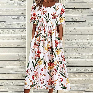 SMIDOW Dresses for Women 2023 Casual Maxi Long Beach Tshirt Sundress Short Sleeve Summer Boho Floral Flowy Dress with Pockets