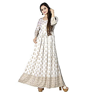 Chandrakala Gold Foil Printed Long Kurti for Women Rayon Indian Anarkali Ethnic Tunic Top Kurta Kurti Dress,X-Large (K199WHI4)