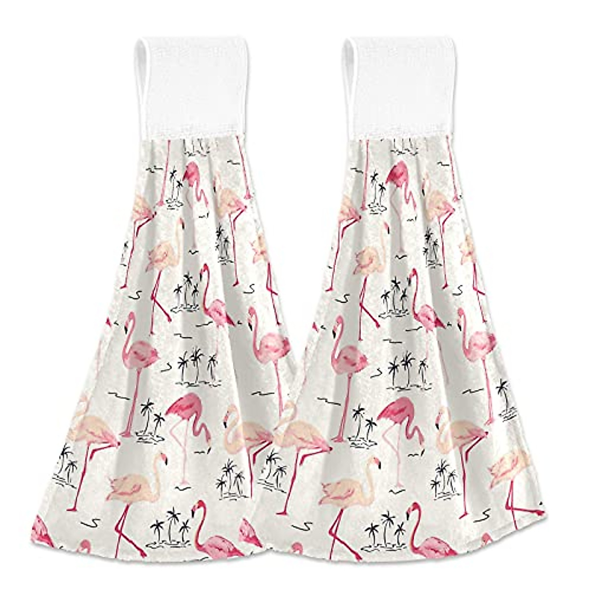 MCHIVER 2 Pcs Hanging Kitchen Hand Towels with Loop, Flamingo Decorative Towels Absorbent Towel for Bathroom, Laundry Room