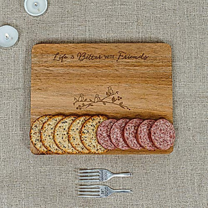 Pavilion Gift Company Life is Better with Friends Birds 7 x 9 Inch Cutting Cheese Board, Set of 4 Forks with Debossed Text, 9", Brown