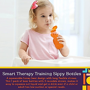 Special Supplies Honey Bear Straw Cup For Baby, 3 Straws, Squeezable Therapy and Special Needs Assistive Drink Container, Spill Proof and Leak Resistant Lid