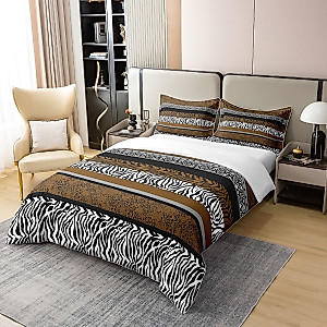 Zebra Texture 100% Natural Cotton Duvet Cover Full Dark Leopard Bedding Set for Kids Youth Adults Rustic Paisley Comforter Cover Bohemian Exotic Brown Bed Sets with 2 Pillowcases Soft