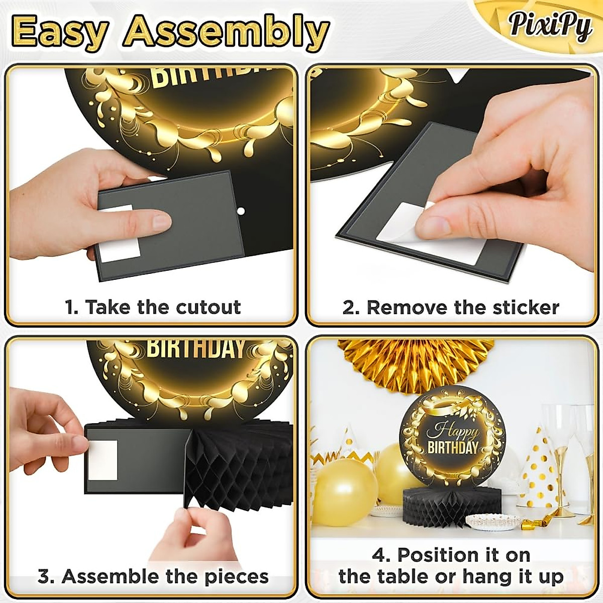 Happy Birthday Table Decorations Centerpieces - 4-Pack Double Sided Happy Birthday Centerpieces for Tables - 12” Black and Rose Gold Birthday Party Decorations Centerpieces