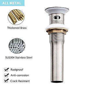 Pop Up Drain, Bathroom Pop Up Sink Drain, Brushed Nickel Bathroom Sink Stopper with Drain Hair Catcher Pop Up Drain, Bathroom Vanity Kitchen Sink with Overflow,PUD001L