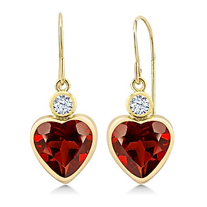Gem Stone King 14K Yellow Gold Red Garnet and White Zirconia Earrings For Women (4.22 Cttw, Gemstone January Birthstone, Heart Shape 8MM and, Round 3MM)