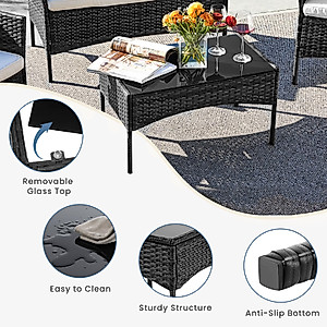 DUMOS Patio Furniture Set 4 Pieces, Outdoor Wicker Furniture with Coffee Table, Modern Rattan Patio Chairs Conversation Sets with Sofa for Garden, Terrace, Porch, Balconies, Lawns (Black and Beige)