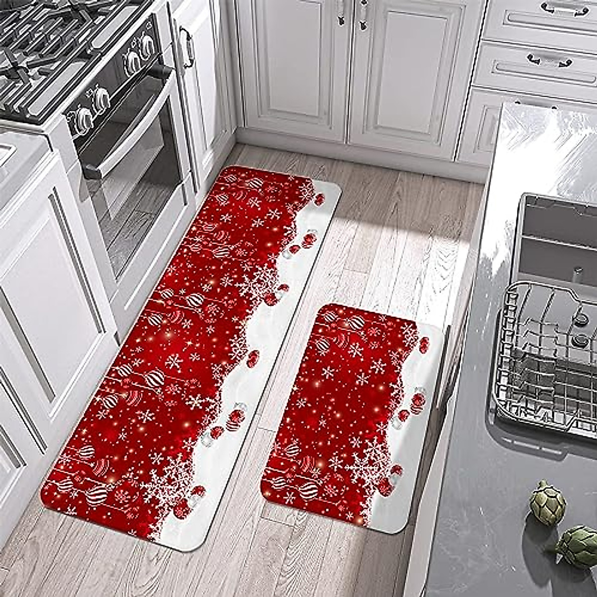 2 Pieces Kitchen Rugs and Mats Red Christmas Shiny Stars Xmas Balls,Non Slip Indoor Doormats Set,Washable Floor Carpet Area Runner for Laundry Sink Home Decor Winter Snowflakes