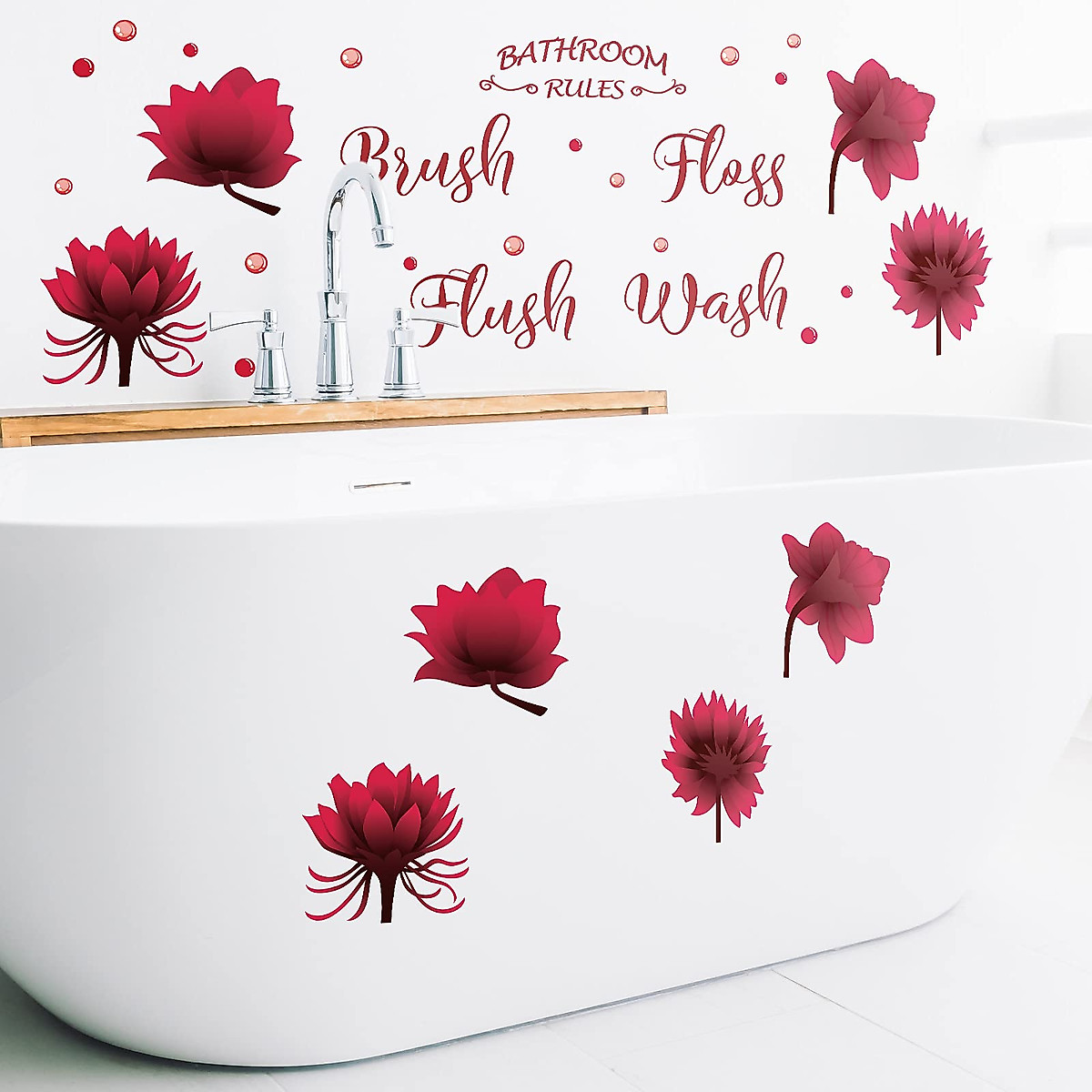 Set of Bathroom Wall Decals Stickers Wash Brush Flush Floss Bathroom Rules Wall Decor Sticker Waterproof Flower Sign Sticker for Bathroom Kitchen Home DIY Decorations