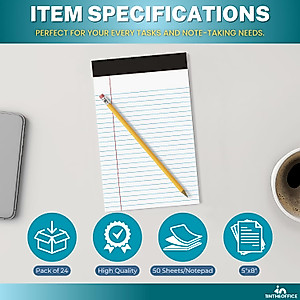 1InTheOffice Jr Legal Pads,Small Legal Notepads, 5" x 8", Narrow Ruled Note Pad, White, 50 Sheets/Pad, 24 Pads/Pack