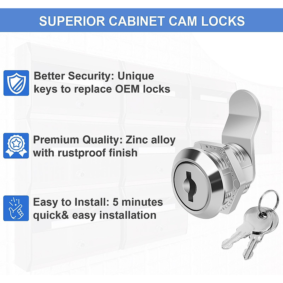 Cylinnda Cabinet Locks (3 Pack, Zinc Alloy), Keyed Alike Cam Lock for Tool Box, RV Storage, Mailbox, 5/8"