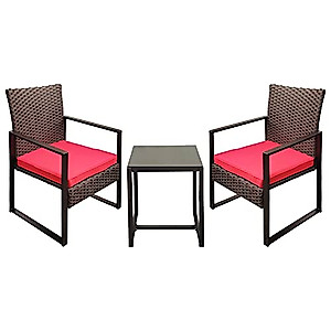 YIYAN 3 Pieces Outdoor Furniture Set Patio Rattan Wicker Chairs & teatable,Lawn Garden Balcony Backyard,with Washable Cushion (Red)