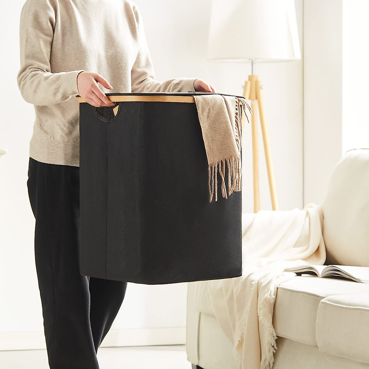 YOUDENOVA 66L Large Laundry Basket with Lid, Collapsible Dirty Clothes Hamper with Handle, Closet Storage Bin for Bedroom, Bathroom, Dorm (Black)