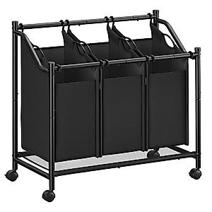 SONGMICS Laundry Sorter, Rolling Laundry Basket with 3 Removable Bags, Laundry Hamper, Laundry Cart, for Laundry Room, Bedroom, Bathroom, 3 x 11.9 Gallons, Ink Black URLS102B01