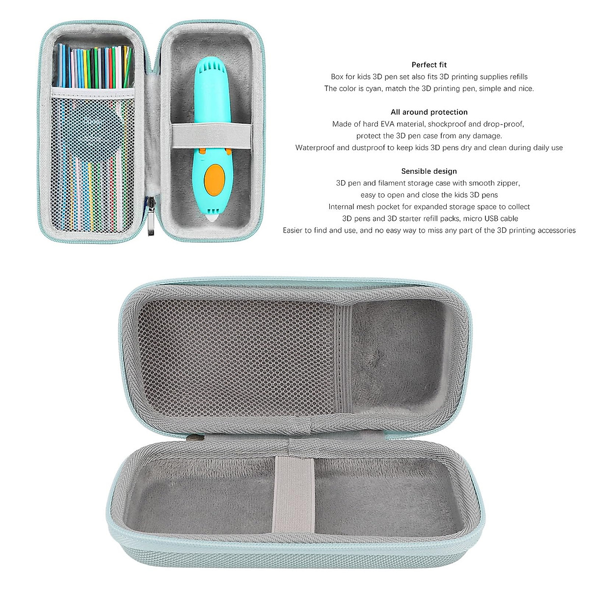 Hard Carrying Case for 3D Printing Filament, EVA 3D Printing Pen Hard Storage Case with Fluent Zipper, Built in Mesh Pocket, Waterproof and Dustproof