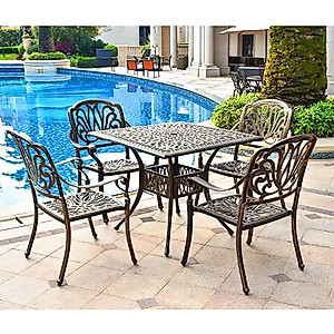 QUYZE Patio Dining Table, 35" Outdoor Patio Table with Umbrella Hole Bronze Square Cast Alluminum Patio Metal Dining Table, Outdoor Furniture for Backyard Lawn Balcony Deck