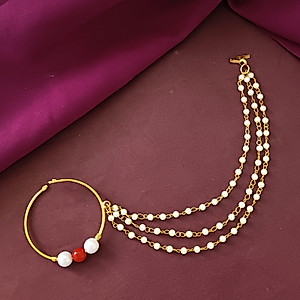 Efulgenz Indian Jewelry Faux Pearl Nose Ring Hoop Pin Stud Fake Septum Ring with Chain Nose to Ear Chain Non Piercing Body Jewelry, Metal, not known