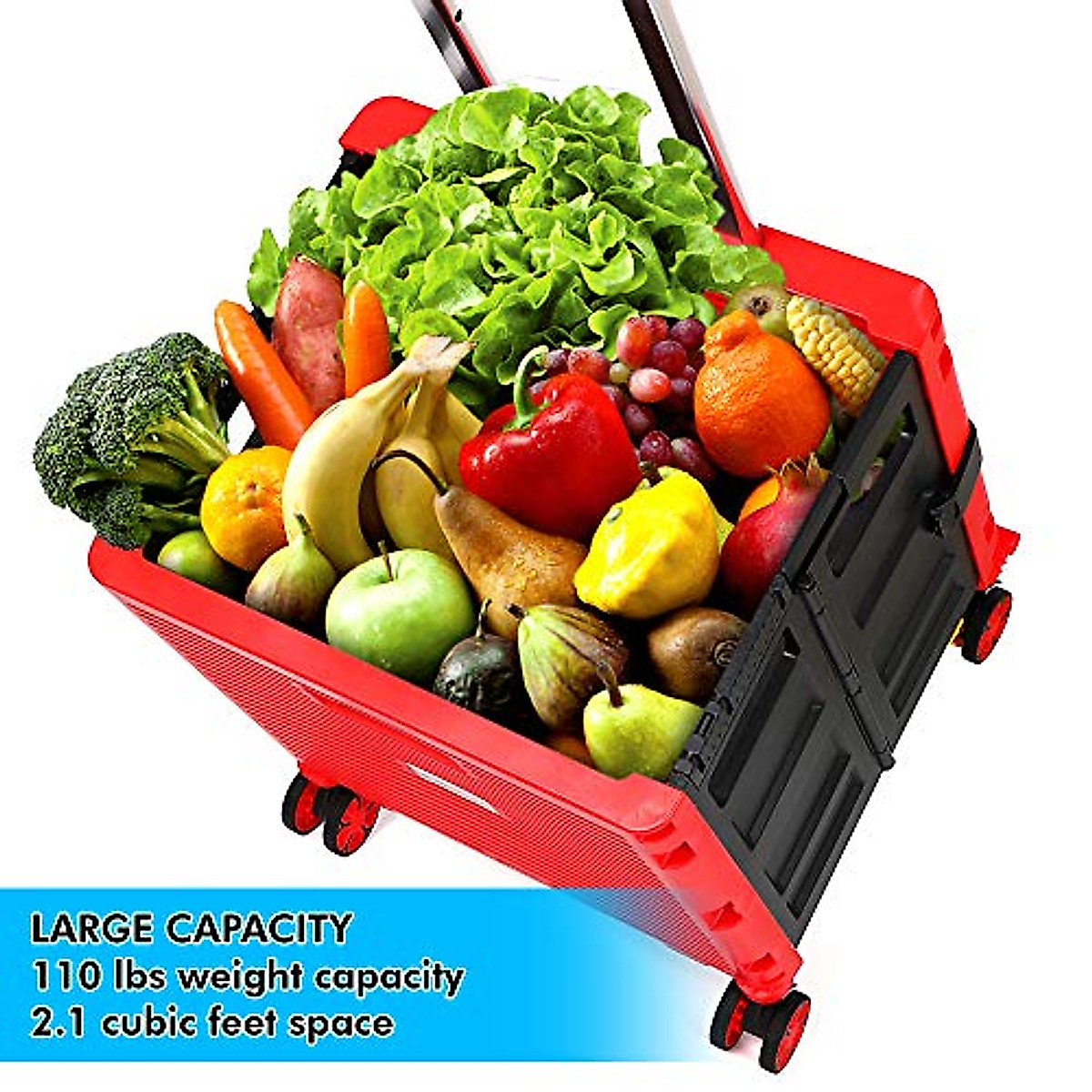 Rolling Cart with Wheels Folding Portable Plastic Crate Foldable Utility Handle Handcart with Lid 4 Wheeled Grocery Storage Heavy Duty Collapsible Mobile Trolley Box for Shopping, Office, Travel