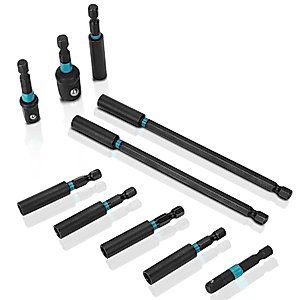 V2ine 10 Pcs Impact Driver Bit Adapter Set,5 PCS Strong Magnetic Screwdriver Bit Holder 2.4 Inch Extension + 6Inch Magnetic Screwdriver Bit Holder Extension + 3Pcs Socket Adapter Set With Tough Case