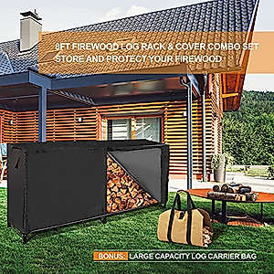 Emalie 8ft Outdoor Indoor Firewood Log Rack with Waterproof Cover and Log Carrier Tote Bag, Heavy-Duty Fire Wood Storage, High Capacity Log Holder Stand for Fireplace Easy Assemble | Black