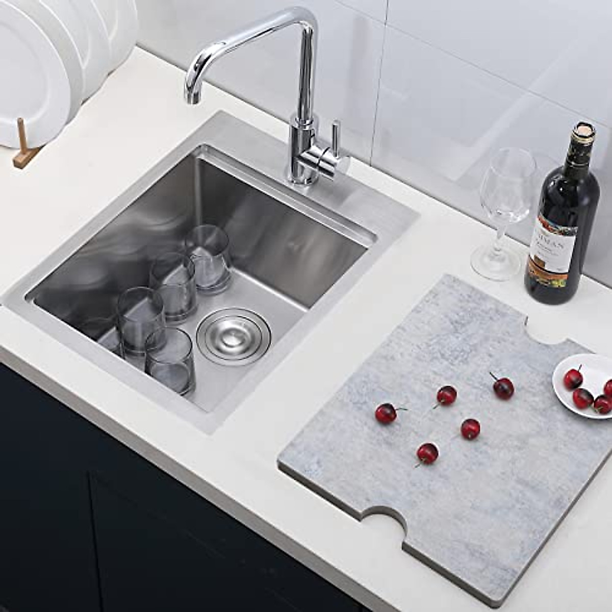 UFaucet 15x20 Drop in Bar Sink Top Mount Stainless Steel Wet Bar Sink 15 Inch Topmount Handmade Modern Commercial Small Kitchen Sink Single Bowl Workstation Prep Sink with Grid&Strainer&Cutting Board