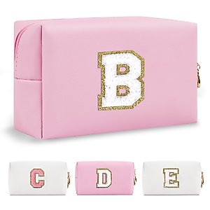 Personalized Initial A-Z Preppy Patch Makeup Bag,Small PU Chenille Letter Cosmetic Bag with Zipper for Teen Girls,Pink Cute Toiletry Organizer Bag,Monogram Makeup Case Gift for Women Girls,Letter B
