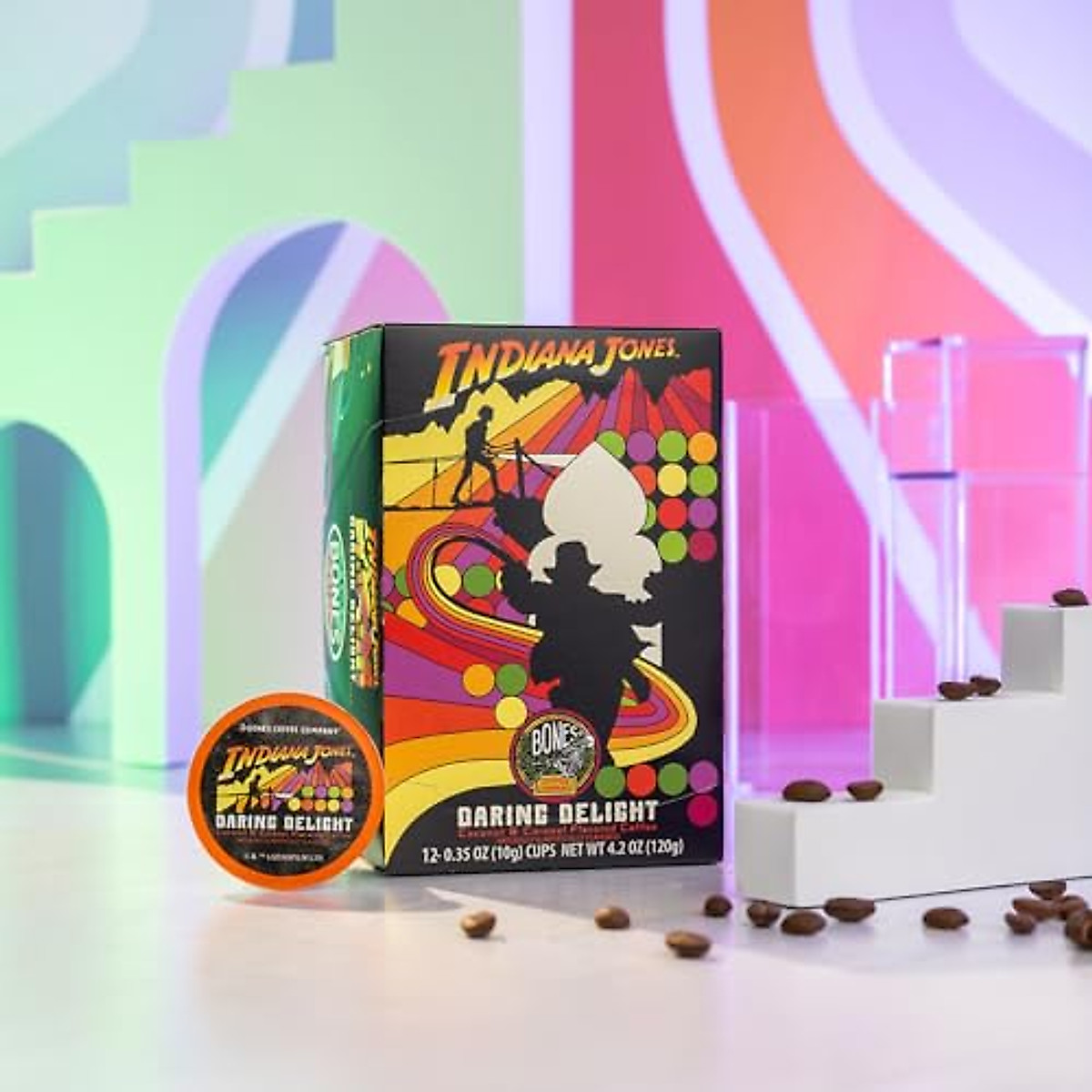 Bones Coffee Company Indiana Jones Daring Delight Flavored Coffee Bones Cups Single-Serve Coffee Pods for Coffee Maker 1.0 & 2.0, Scotcheroo Flavor (12ct)