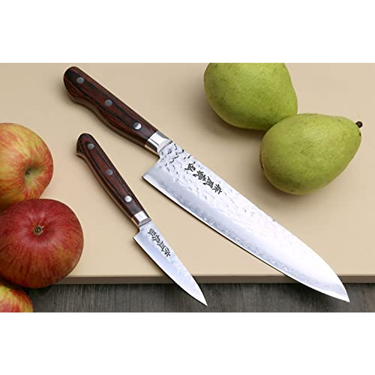 Yoshihiro VG-10 16 Layer Hammered Damascus Stainless Steel Gyuto 8.25'' (210mm) Japanese Chefs Knife & Paring Utility Knife 3.2'' (80mm) SET