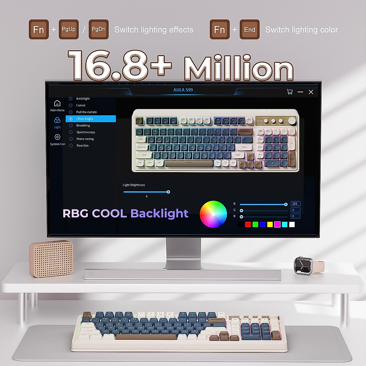 AULA 99 Wireless Keyboard, Custom Computer Keyboard, Tri-Mode Bluetooth 5.0/2.4GHz/USB-C Cute Creamy Gaming Keyboards with Number Pad, RGB Backlit Media Knob Programmable Keybaord for PC Gamer - White