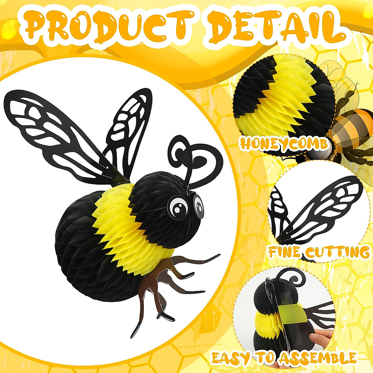 Jetec 6 Pcs Bee Party Decorations 8'' Tissue Bee Honeycomb Bee Hanging Decor for Baby Shower Gender Reveal Decoration Birthday Table Centerpieces Honey Bee Hive Decoration, 8'' x 10''