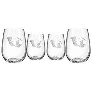 Rolf Glass Mermaid Stemless Wine Tumbler 17 ounce - Stemless Wine Glasses Set of 4 - Lead-Free Glass - Etched Tumbler Glasses - Made in the USA