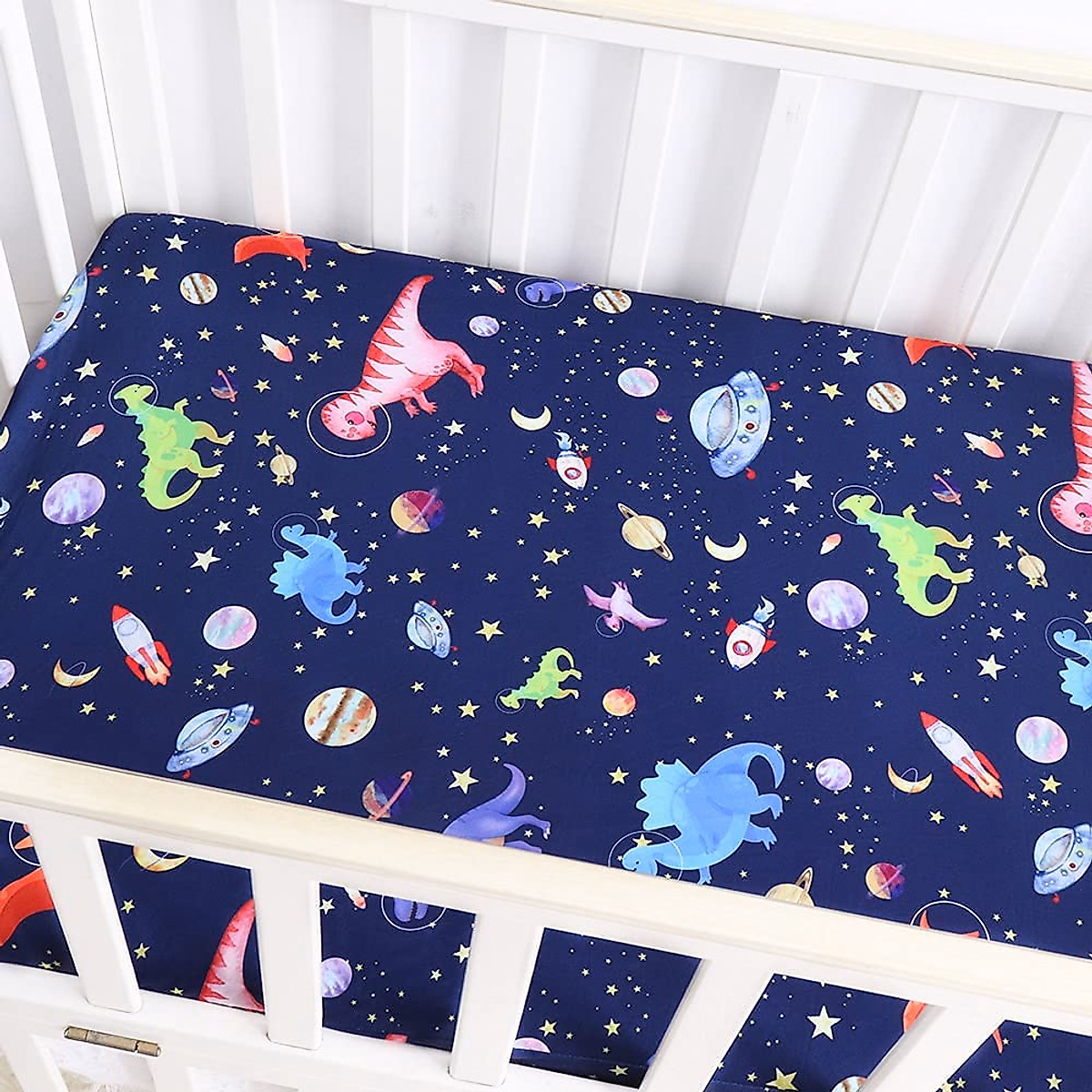 GFU Baby Crib Sheet for Boy, Super Soft Fitted Crib Sheet for Standard Crib and Toddler Mattresses, 52×28 Inch (Dinosaur&Space)