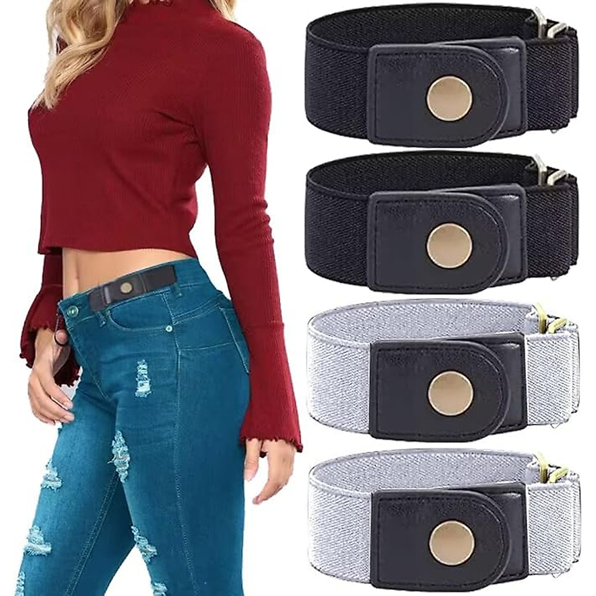 2 Pairs No Buckle Invisible Elastic Stretch Belt for Men/Women, Jeans Loops Belt Adjustable Waist Belt for Pants (BLACK+GREY)
