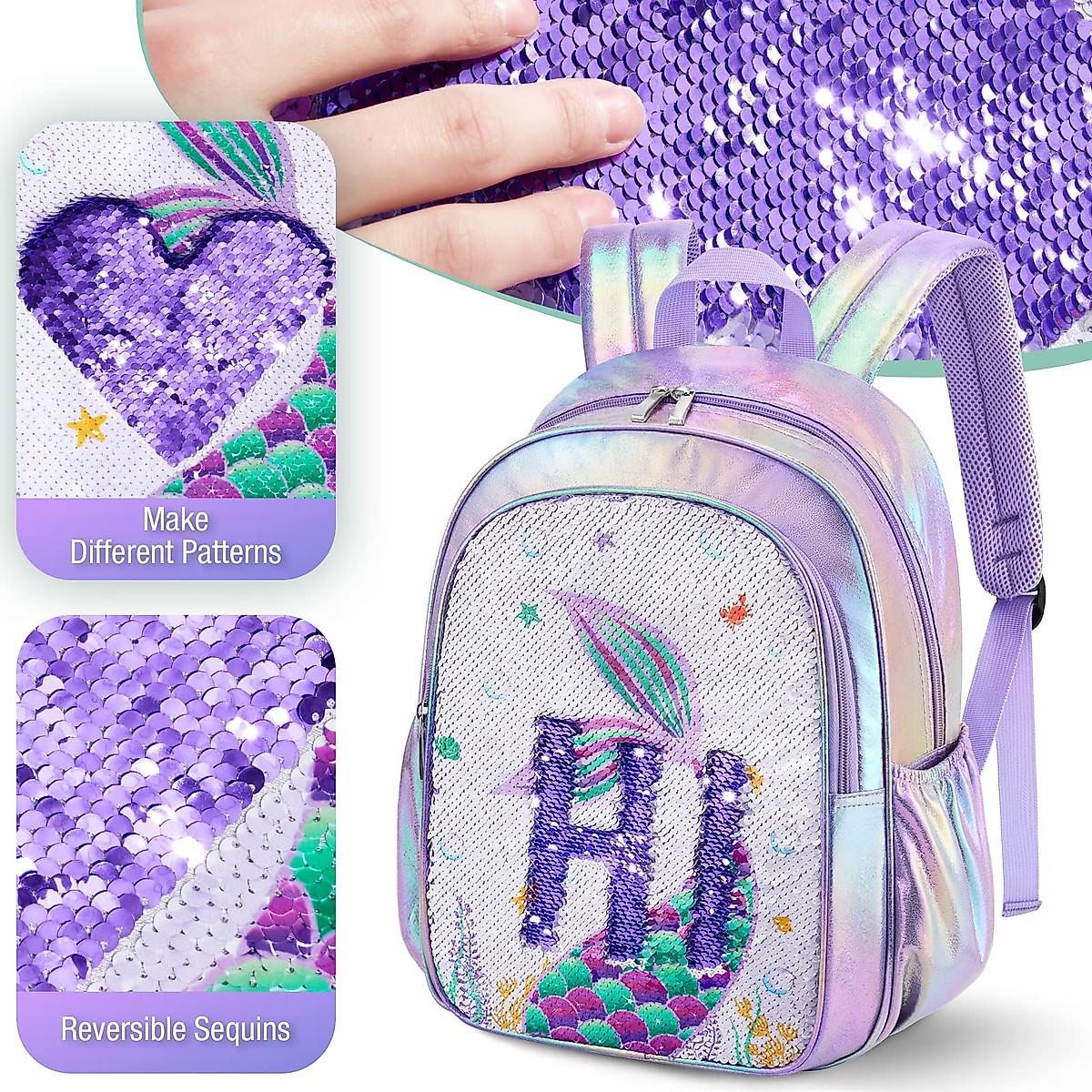 WAWSAM Mermaid Kids Backpack - Sparkly Sequins Backpack for Girls Purple School Bag Personalized 15” Backpack for School Elementary Travel Casual Book Bag for Christmas Birthday Back to School Gift