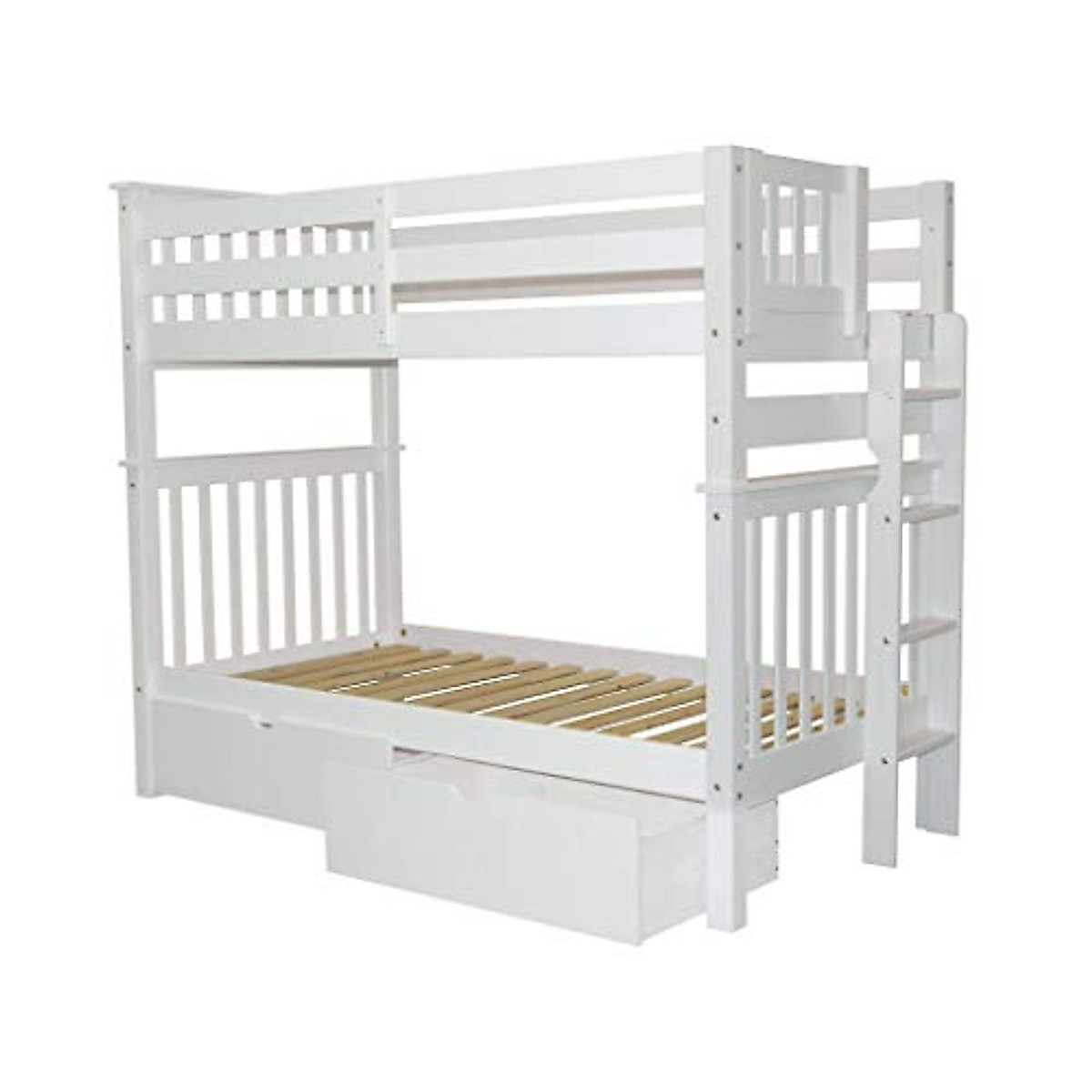 Bedz King Tall Bunk Beds Twin over Twin Mission Style with End Ladder and 2 Under Bed Drawers, White