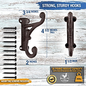Rustic Cast Iron Coat Hooks (3 Pack) Rustic Dark Brown, Wall Mounted, Farmhouse Decorative, Heavy Duty Wall Hooks for Hanging Coats, Hats, Towels (Mounting Hardware Included)