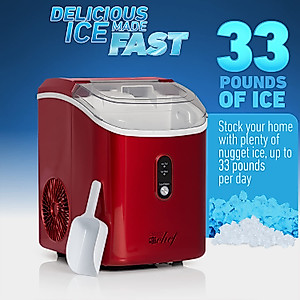 Deco Chef 33LB Per Day Countertop Ice Maker, 1-Click Automatic Operation, Self-Cleaning, Chewable Soft Nugget Ice, Red Stainless
