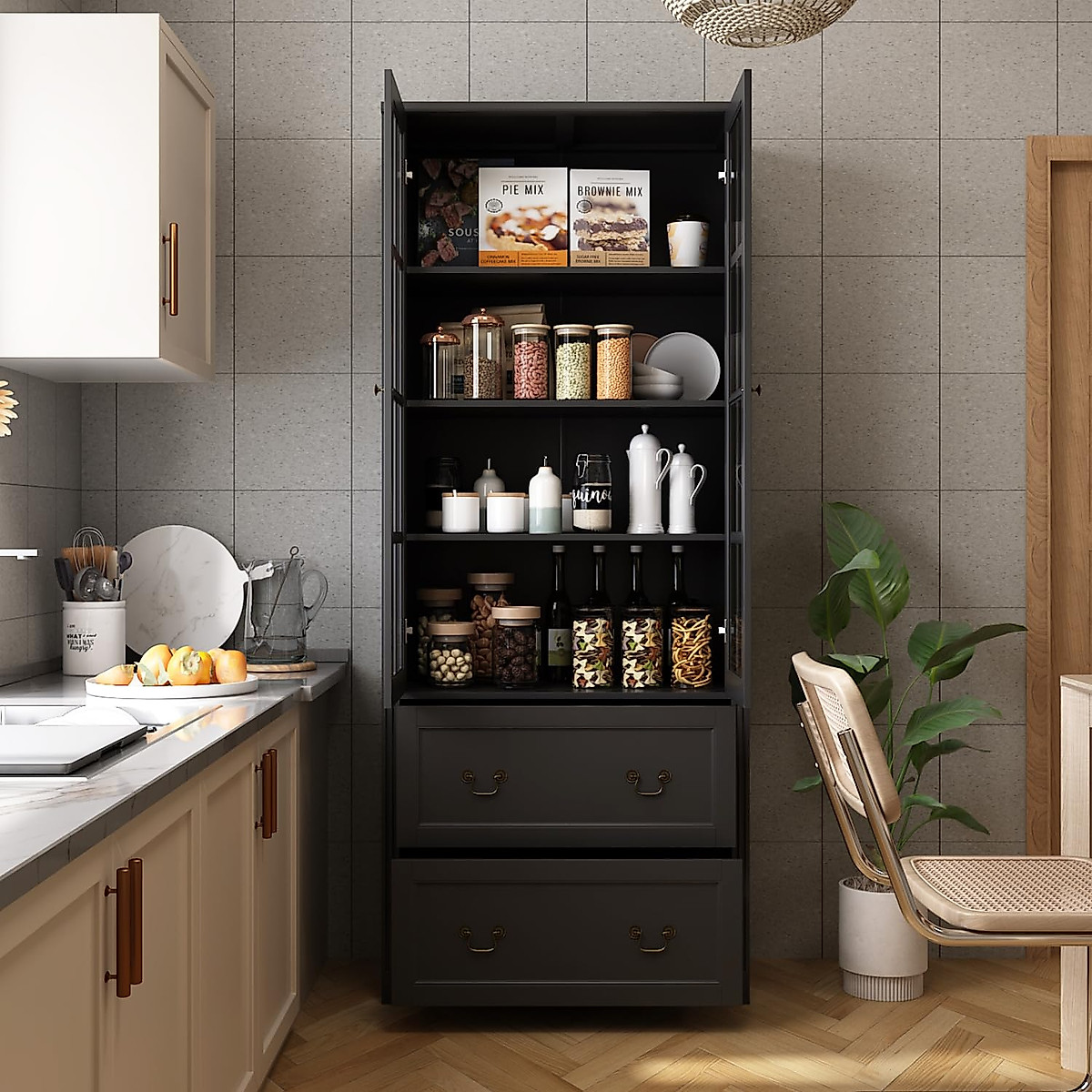 Homsee 78.7" H Bookcase Bookshelf with 4-Tier Shelves, 2 Drawers & 2 Glass Doors, Modern Display Storage Cabinet for Home Office, Living Room, Black