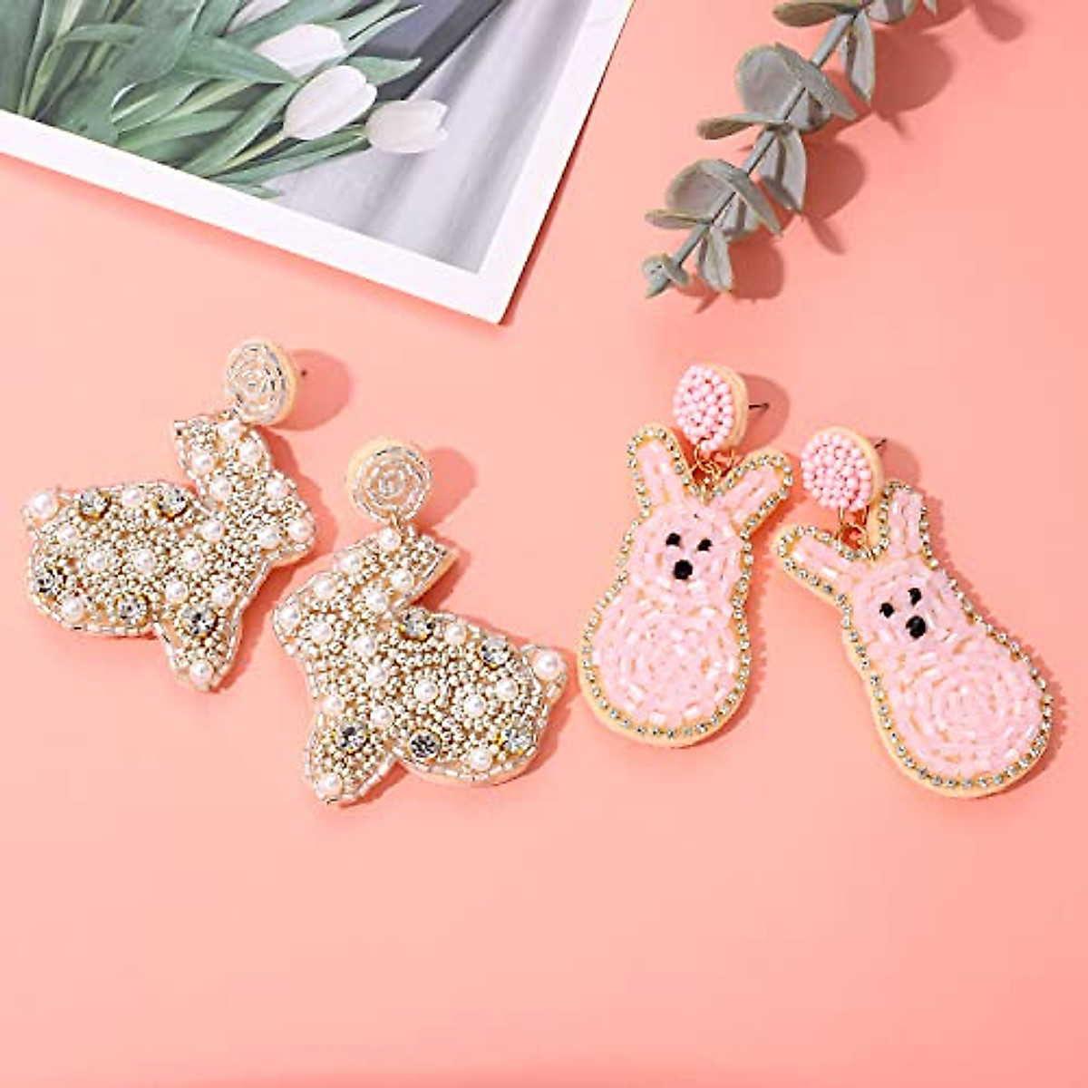 2 Pairs Easter Earrings for Women Beaded Easter Egg Bunny Earrings Letter HAPPY EASTER Earrings Cute Rabbit Dangle Earrings Spring Holiday Jewelry Gifts (Style C)