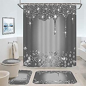 4PCS Glitter Diamond Shower Curtains with Rugs Bath Mat Toilet Lid Cover and 12 Hooks Waterproof Bling Bathroom Shower Curtain Set