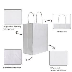 bagmad 100Pcs Pack 8x4.75x10 inch Medium White Kraft Paper Bags with Handles Bulk, Gift Bags, Craft Grocery Shopping Retail Birthday Party Favors Wedding Sacks Restaurant Takeout, Business (100)