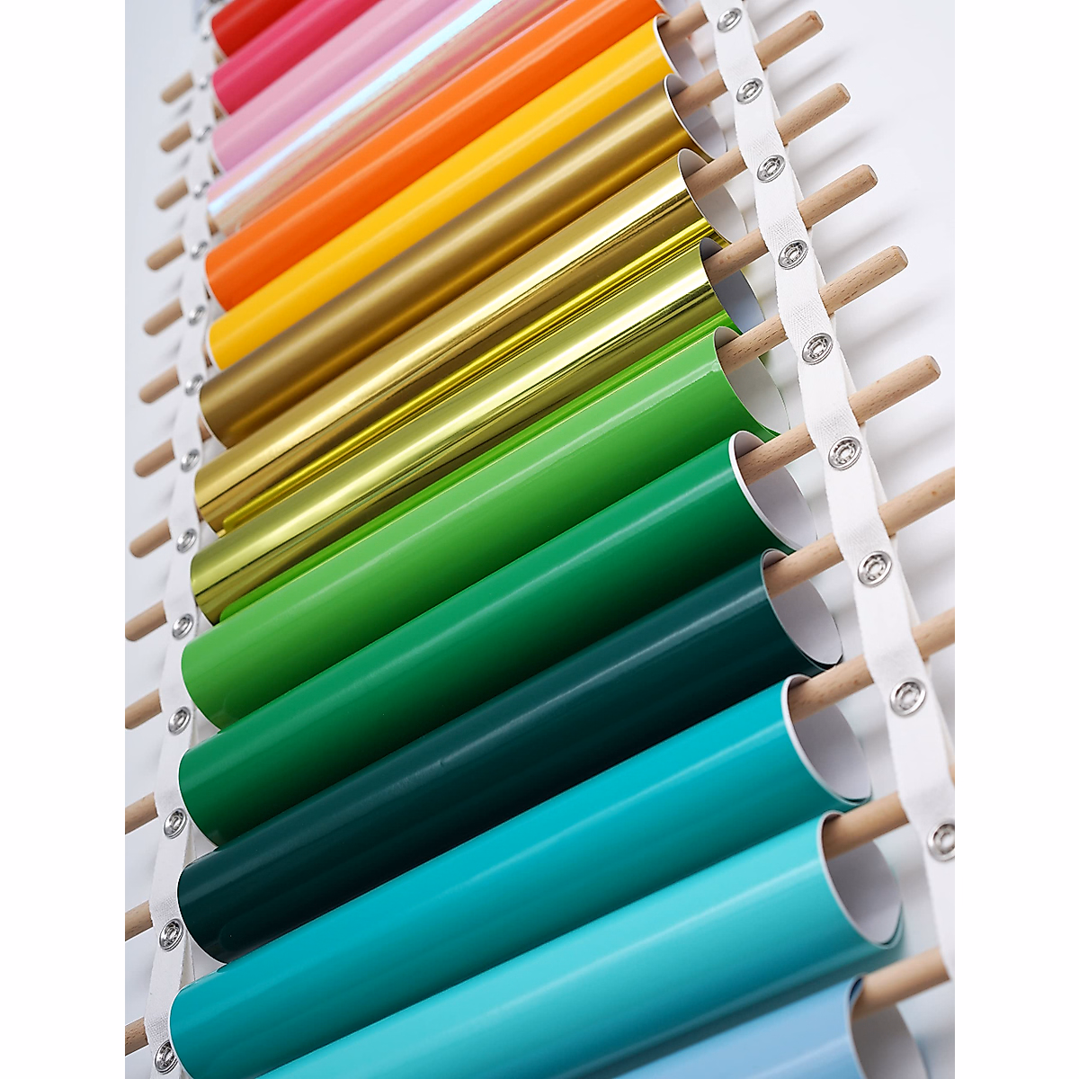 Vinyl Roll Holder, 25 Rolls, ZENXUS Craft Roll Storage and Organizer, Cotton Straps and Wood Dowels, with Door Hanging Hooks