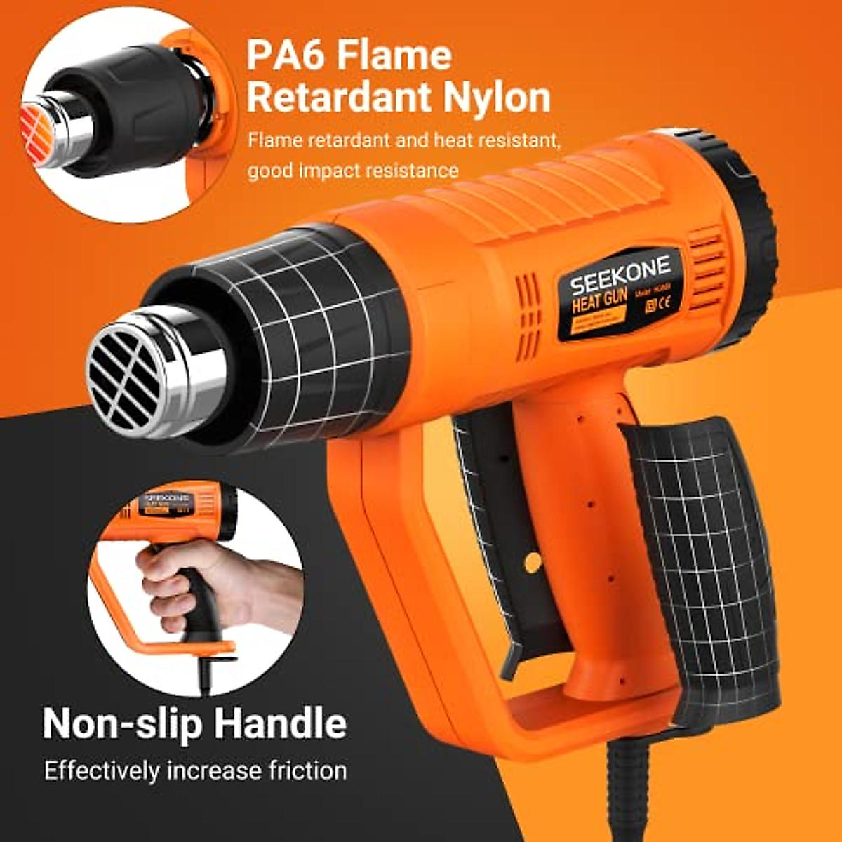 SEEKONE Heat Gun 1800W Heavy Duty Fast Heat Hot Air Gun Kit with 752℉&1112℉（400℃-600℃） Dual-Temperature Settings and 4 Nozzles with Overload Protection for Crafts, Shrinking PVC, Stripping Paint